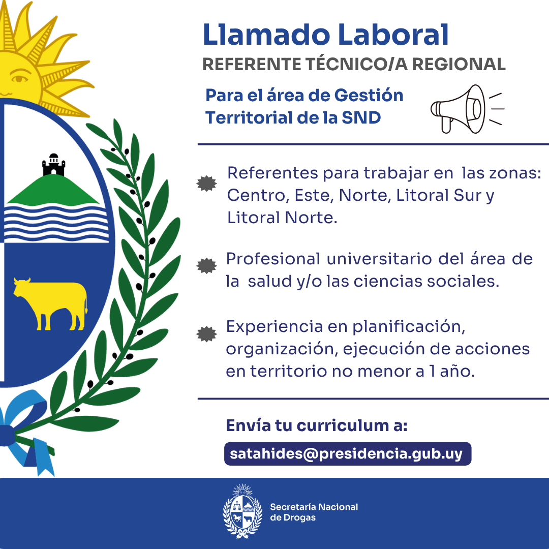 Llamado Referente Técnico/a Regional (RTR) | Junta Nacional de Drogas